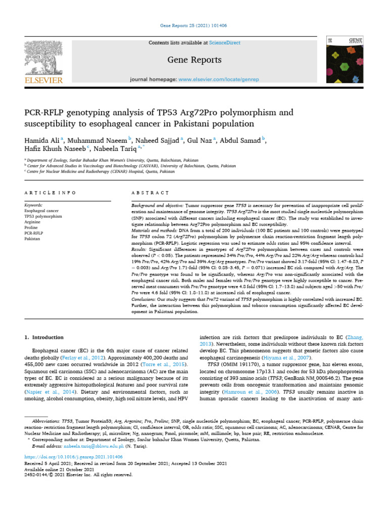 PCR-RFLP Genotyping Analysis of TP53 Arg72Pro Polymorphism and ...
