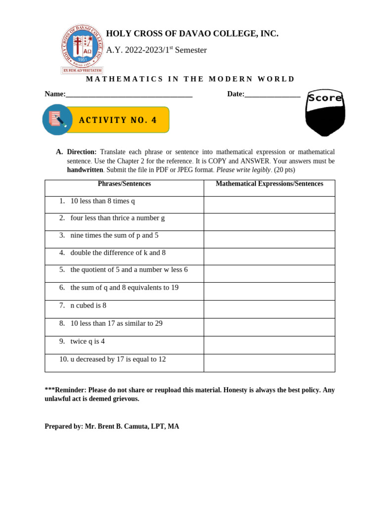 Activity 4-Math 101 | PDF