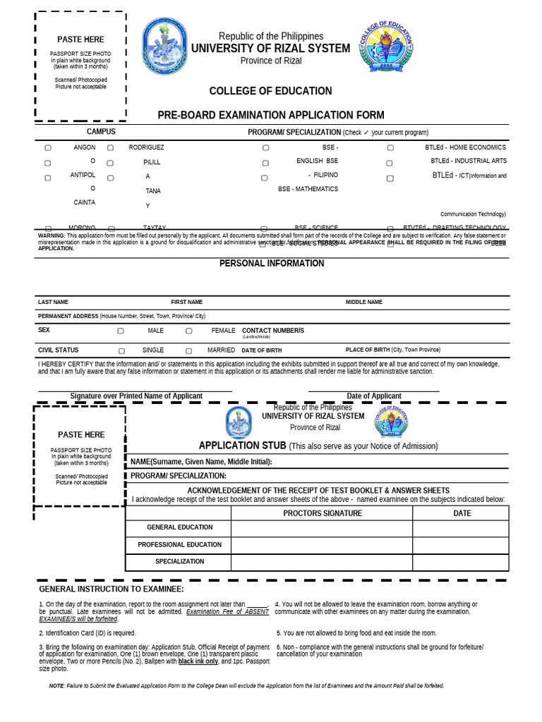 Pre Board Exam APplication Form 4 | PDF