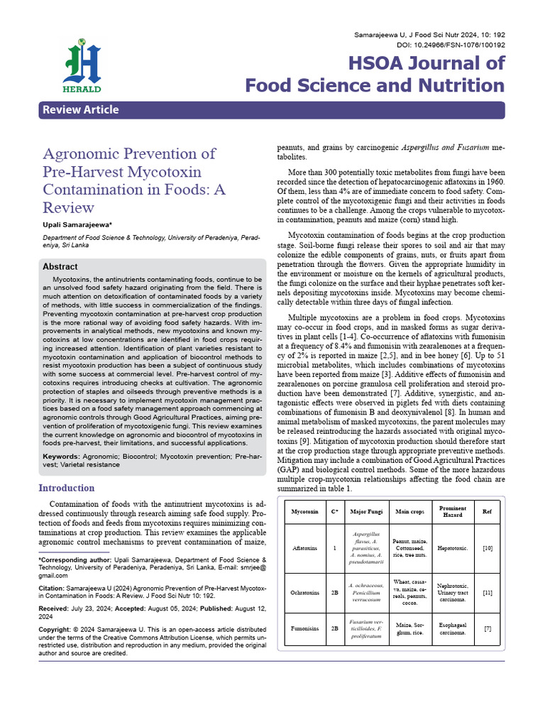 Agronomic Prevention Of Pre Harvest Mycotoxin Contamination In Foods A Review Pdf Mycotoxin