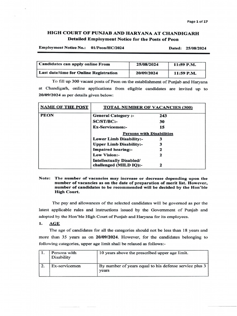 Punjab and Haryana High Court Peon Recruitment 2024 Notification | PDF