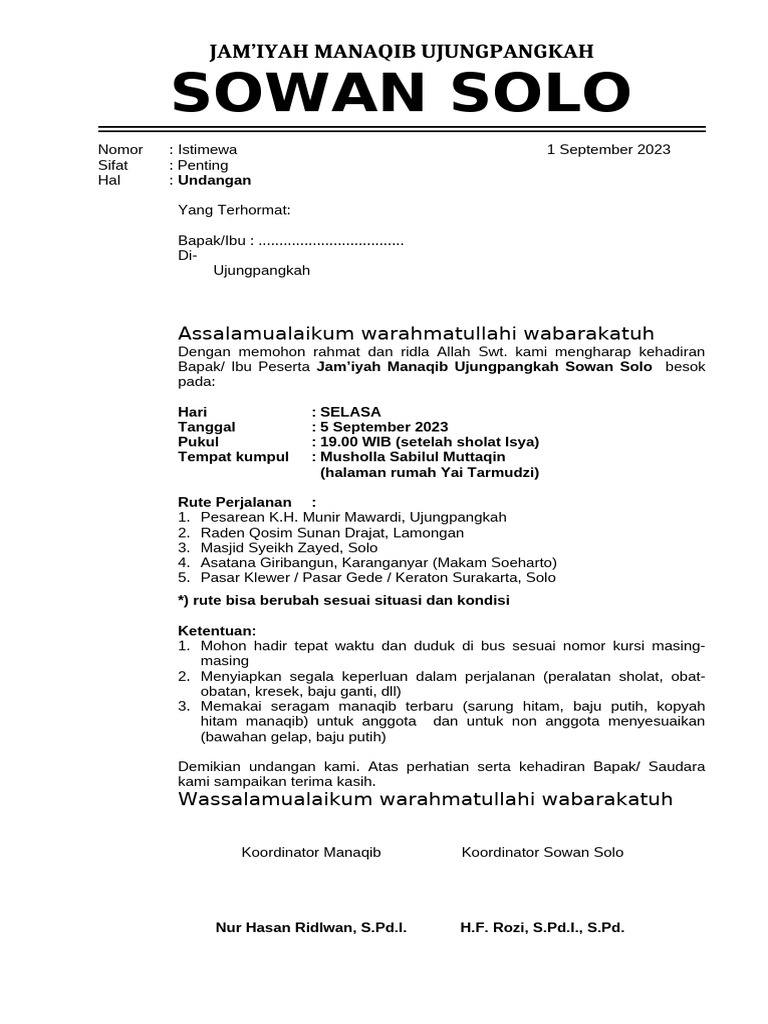Undangan Jamiyah Manaqib Sowan Solo | PDF