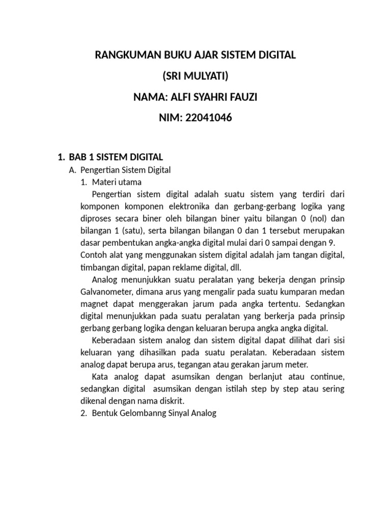 Rangkuman Buku Ajar Sistem Digital Alfi Syahri Fauzi - 22041046 | PDF