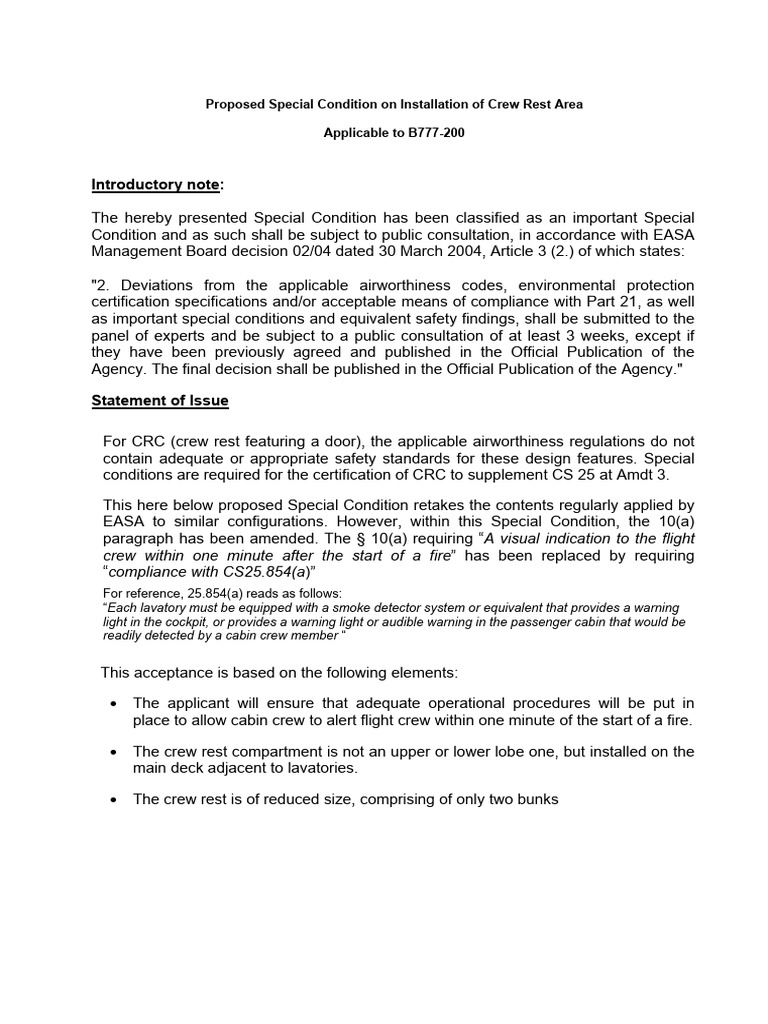 Special Condition On Installation of Crew Rest Area | PDF
