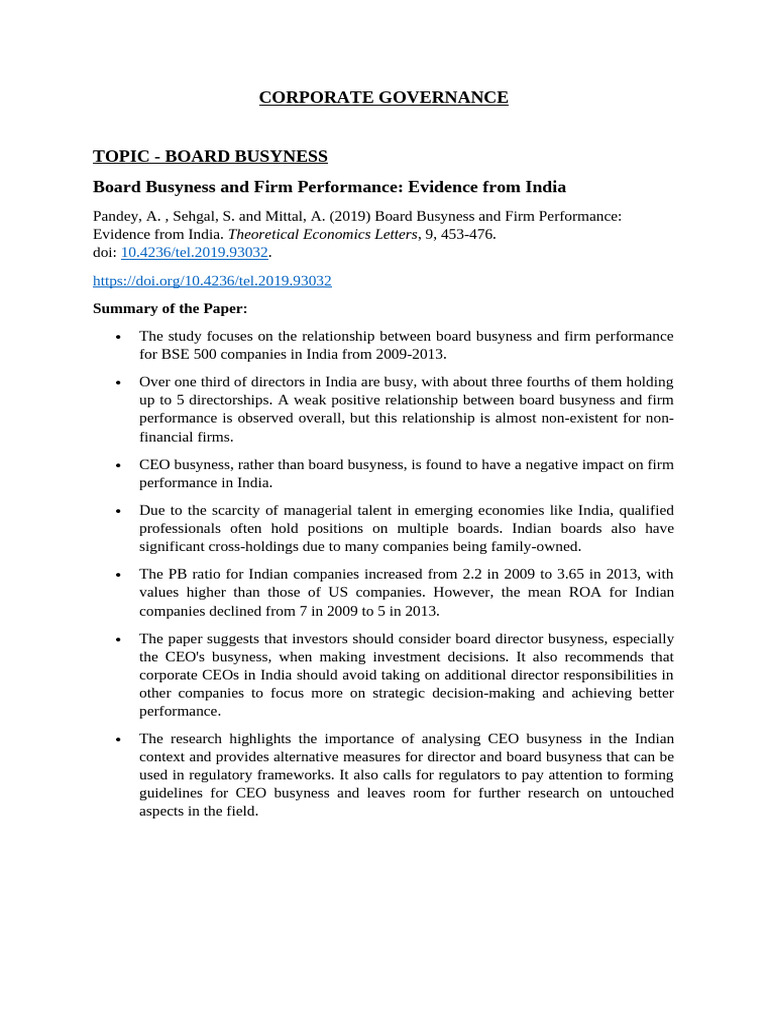 Corporate Governance: Summary of The Paper | PDF