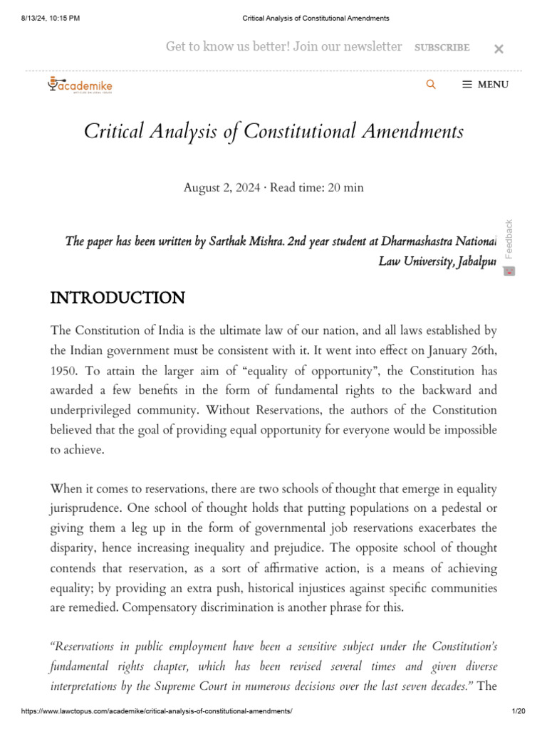 Critical Analysis of Constitutional Amendments | PDF | Government Of India | Law