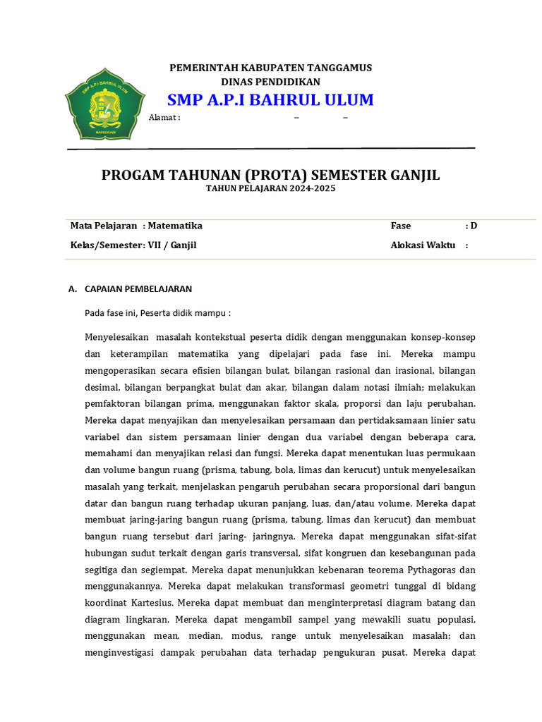 Progam Tahunan Semester 1-2 Tahunan Ajaran 2024-2025 | PDF