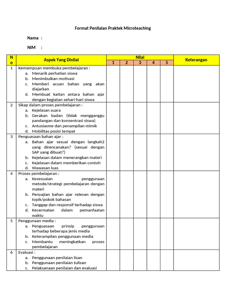 Format Penilaian Praktek Microteaching | PDF
