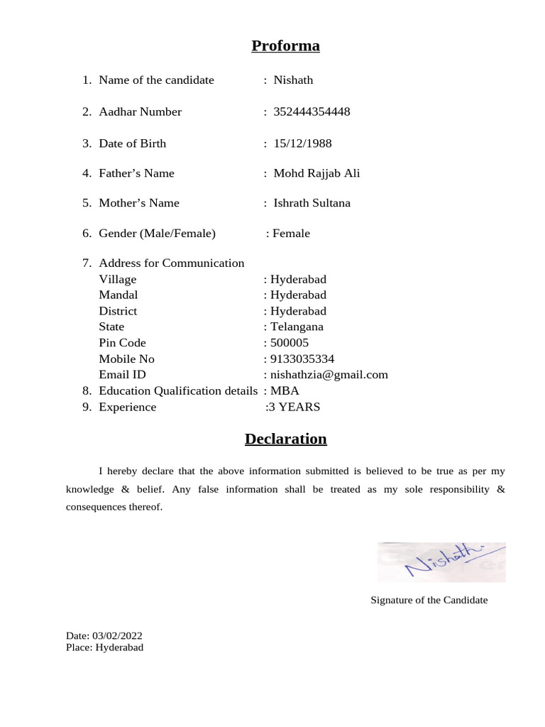 Proforma With Declaration and Undertaking | PDF