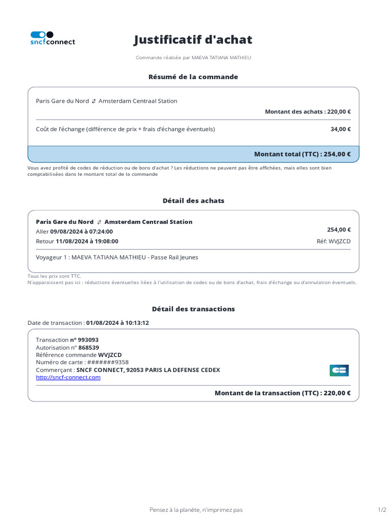 0724 JustificatifAchat SNCFCONNECT | PDF
