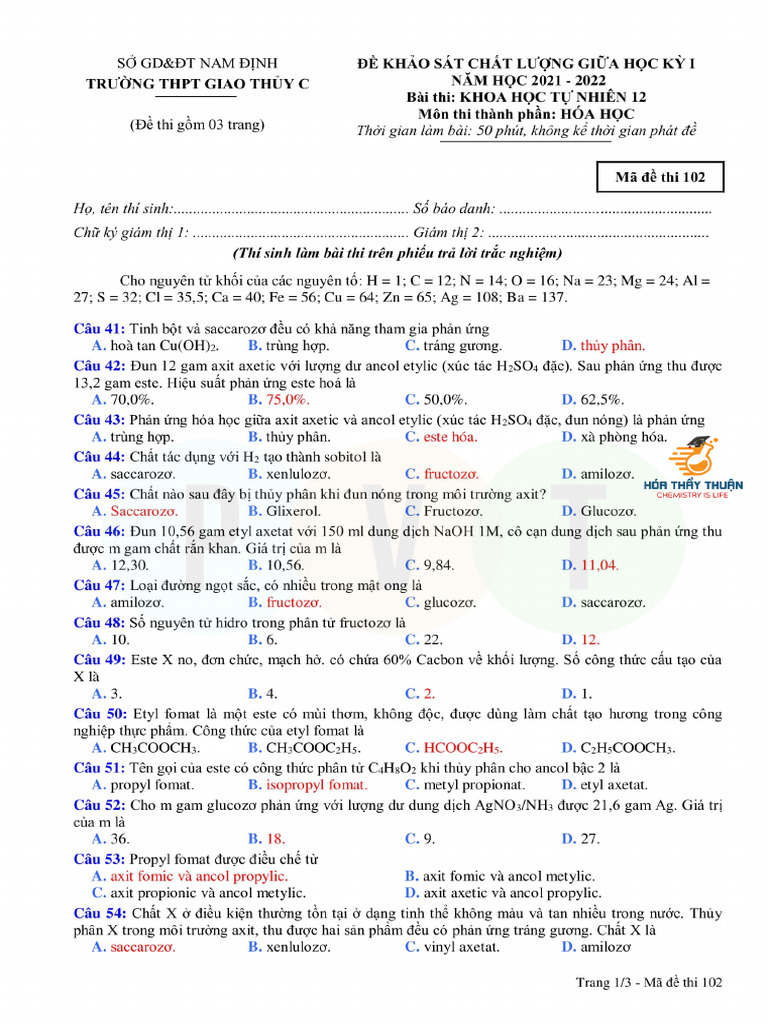 ĐỀ KS GIỮA HK1 - THPT GIAO THỦY C | PDF