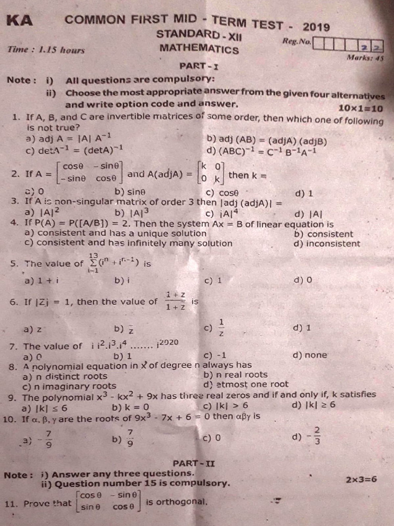 Tamilnadu 12th First MidTerm Exam Maths Question Paper 2019 Eng Med Kaniyakumari District | PDF