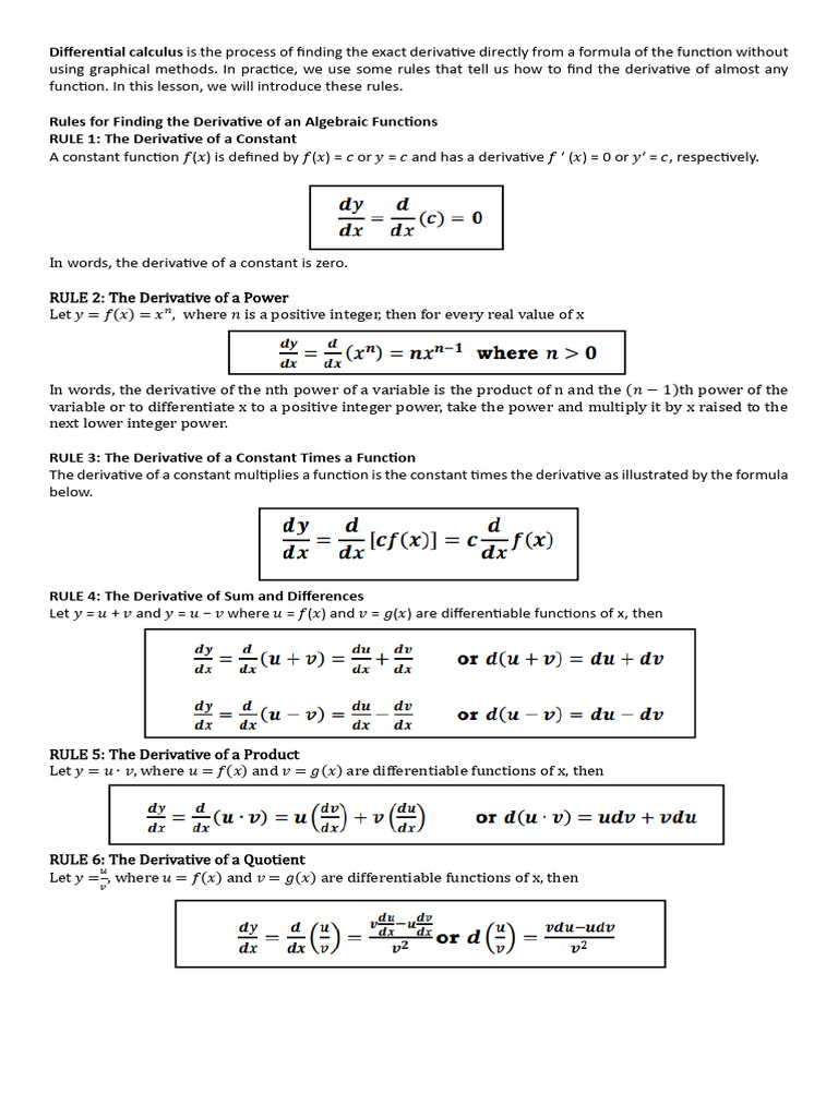 Basic Calculus Derivatives of Algebraic Functions | PDF