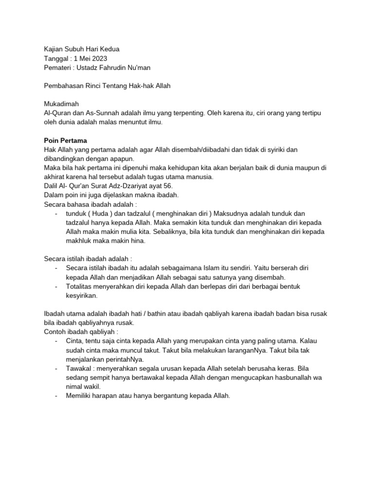 Kajian Subuh Hari Kedua 1 Mei 2023 | PDF