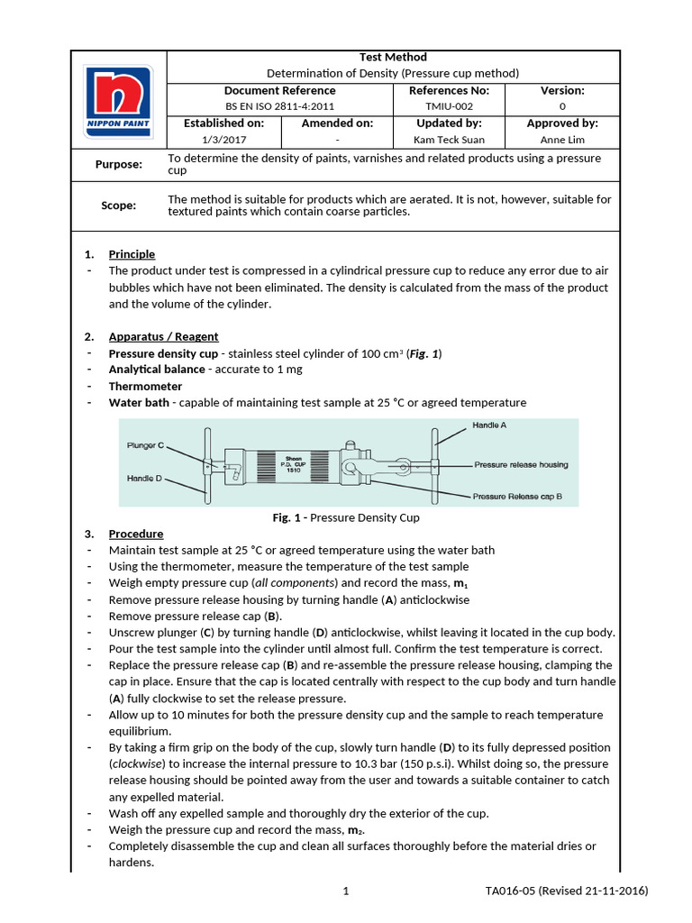 TMIU-002 - Determination of Density (Pressure Cup Method) | PDF