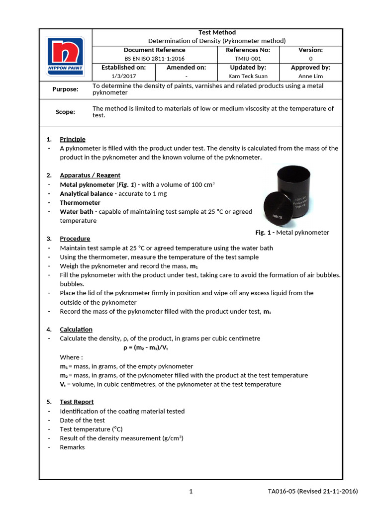 TMIU-001 - Determination of Density (Pyknometer Method) | PDF