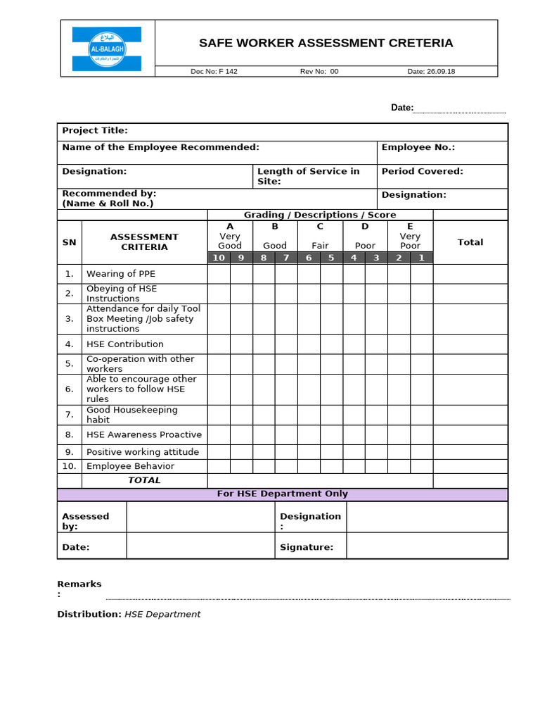 F 142 Safe Worker Assessment Criteria | PDF