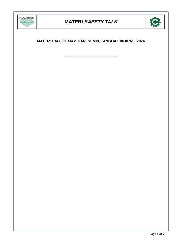 Materi Safety Talk - Senin 08-04-2024 | PDF