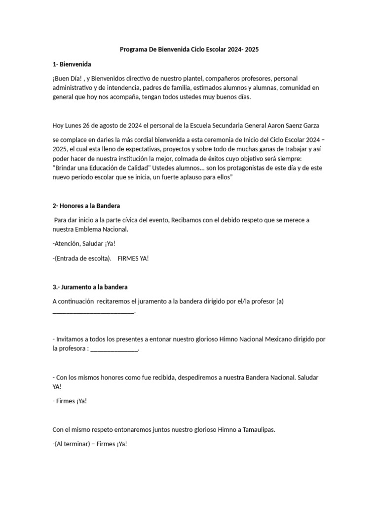 Programa de Bienvenida Ciclo Escolar 2024 - 2025 | PDF