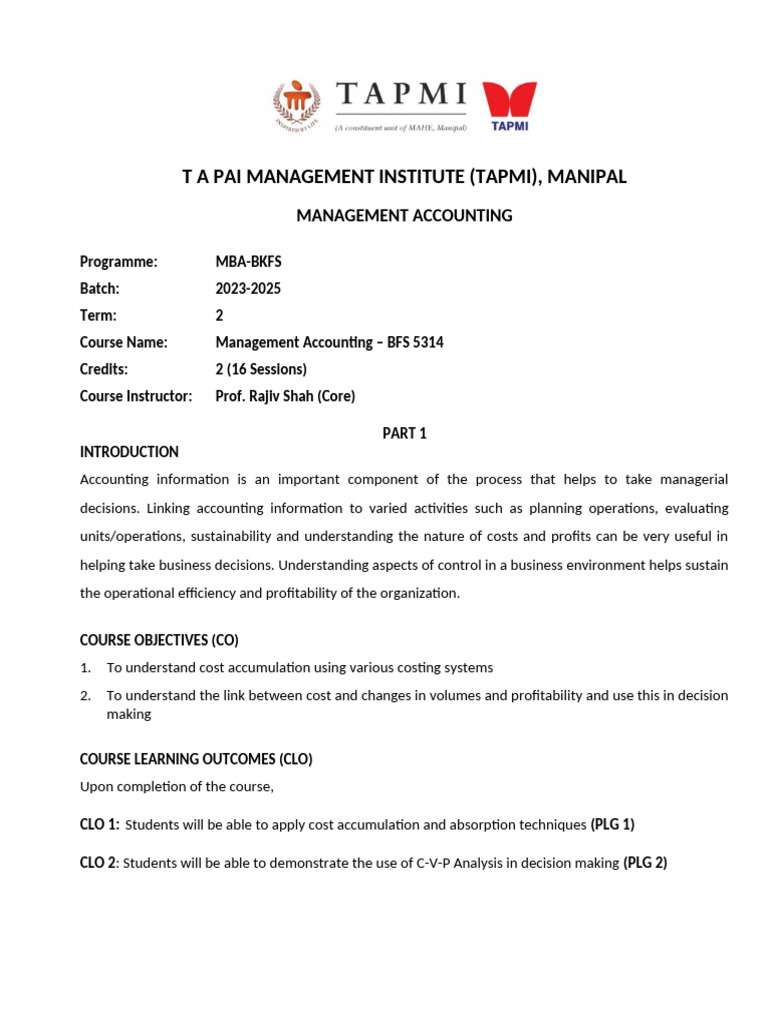 Management Accounting - BFS 5314 (CO) | PDF