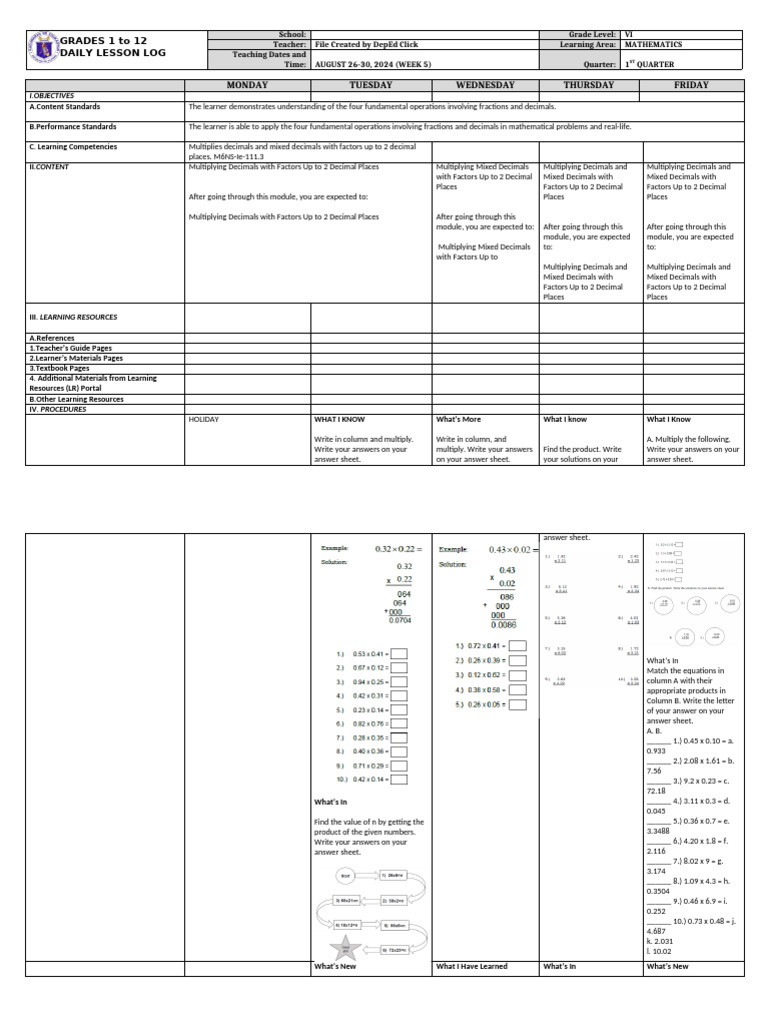 DLL Mathematics 6 q1 w5 | PDF