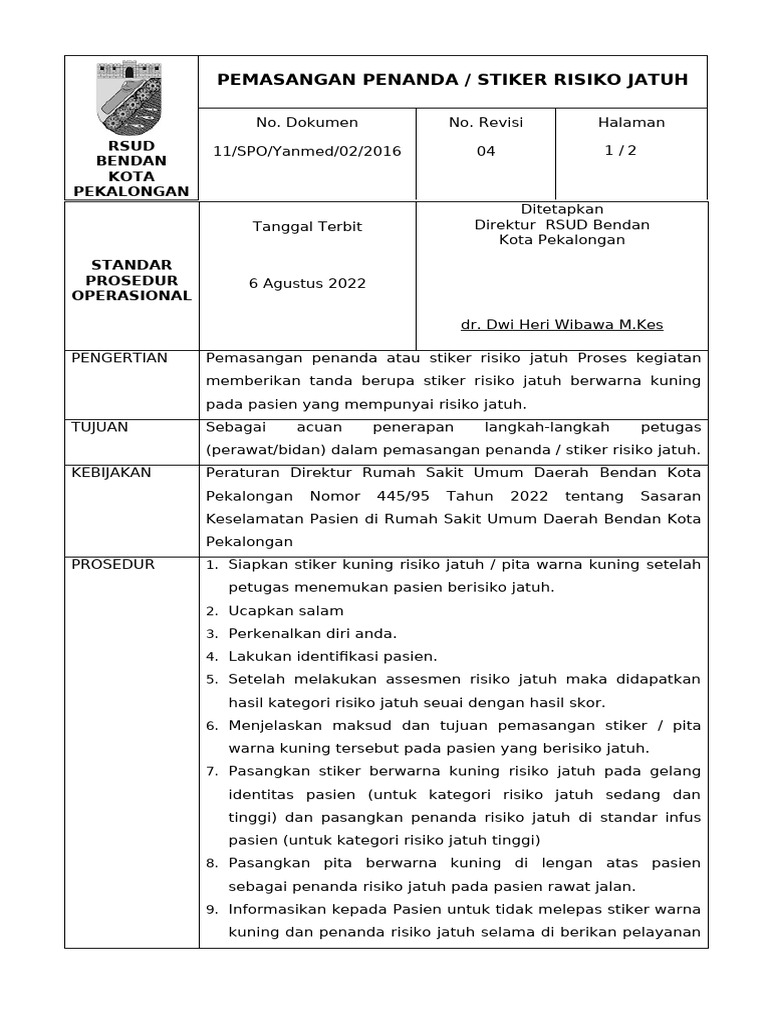 Spo Pemasangan Penanda Stiker Risiko Jatuh | PDF
