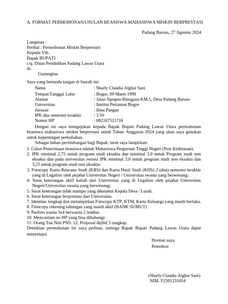 A. Format Permohonan Usulan Beasiswa Mahasiswa Miskin Berprestasi | PDF