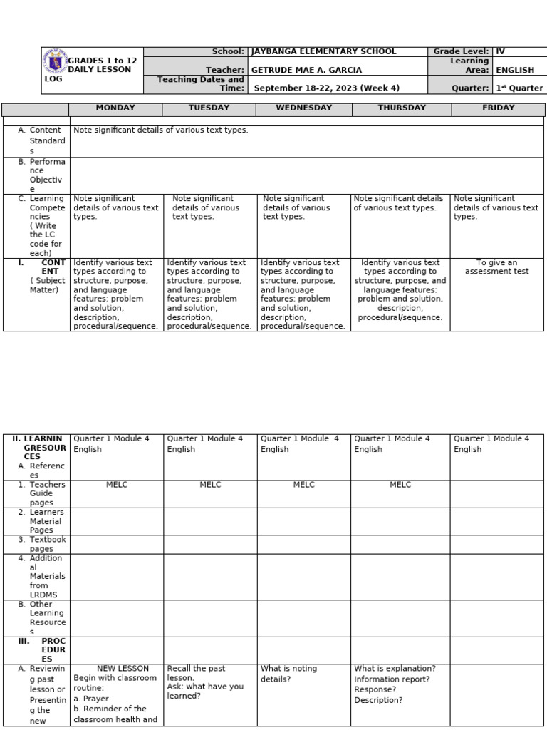 DLL - English 4 - Q1 - W4 | PDF