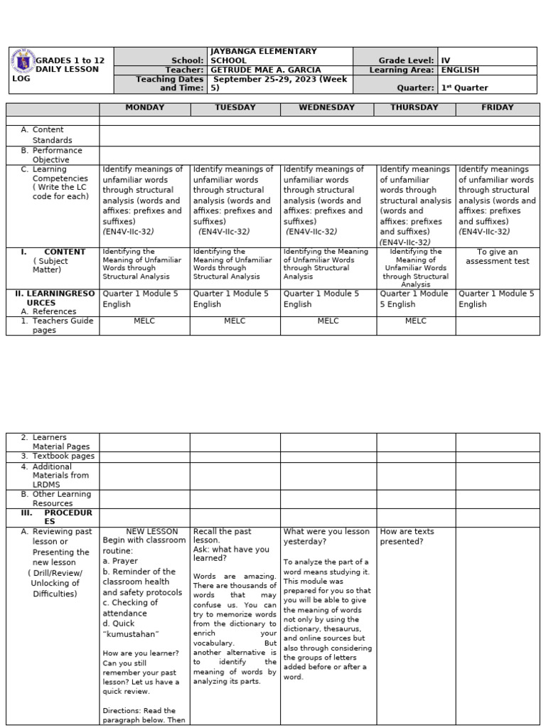 DLL - English 4 - Q1 - W5 | PDF