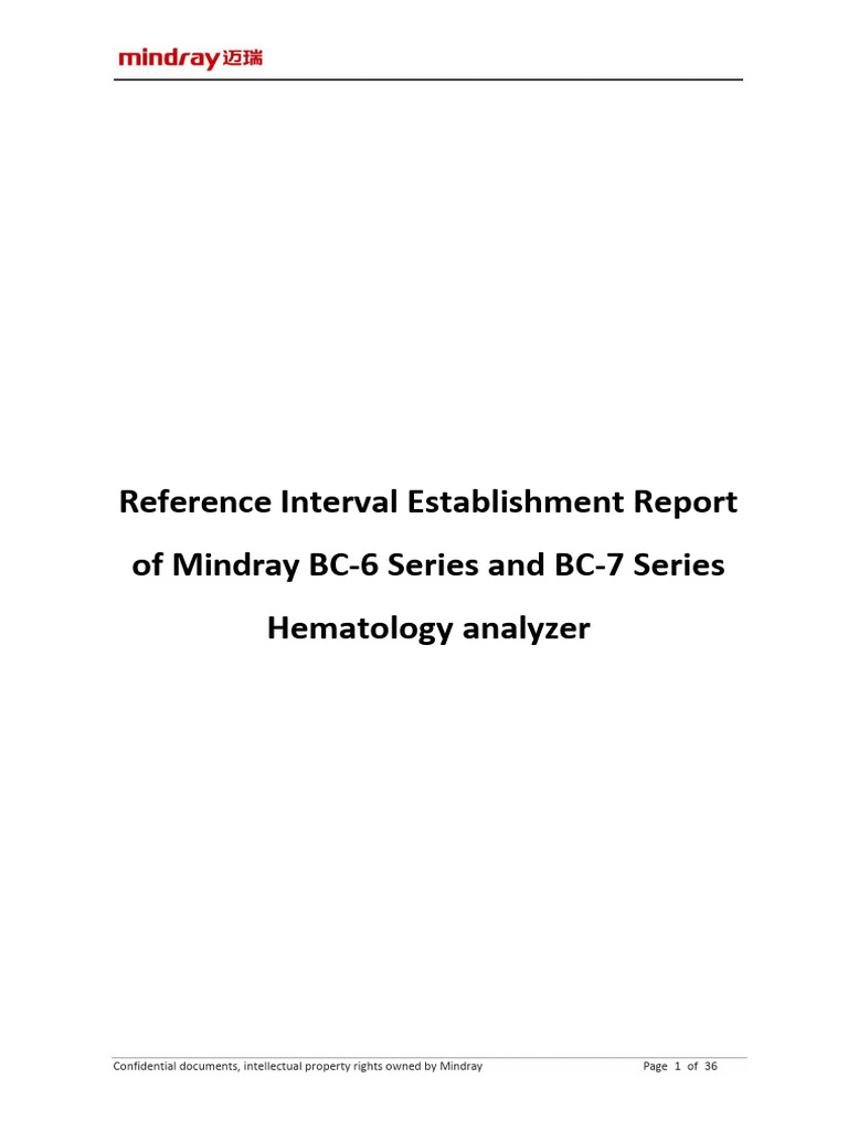 Reference Interval Establishment Report of Mindray BC-6 Series and BC-7 Series Hematology ...