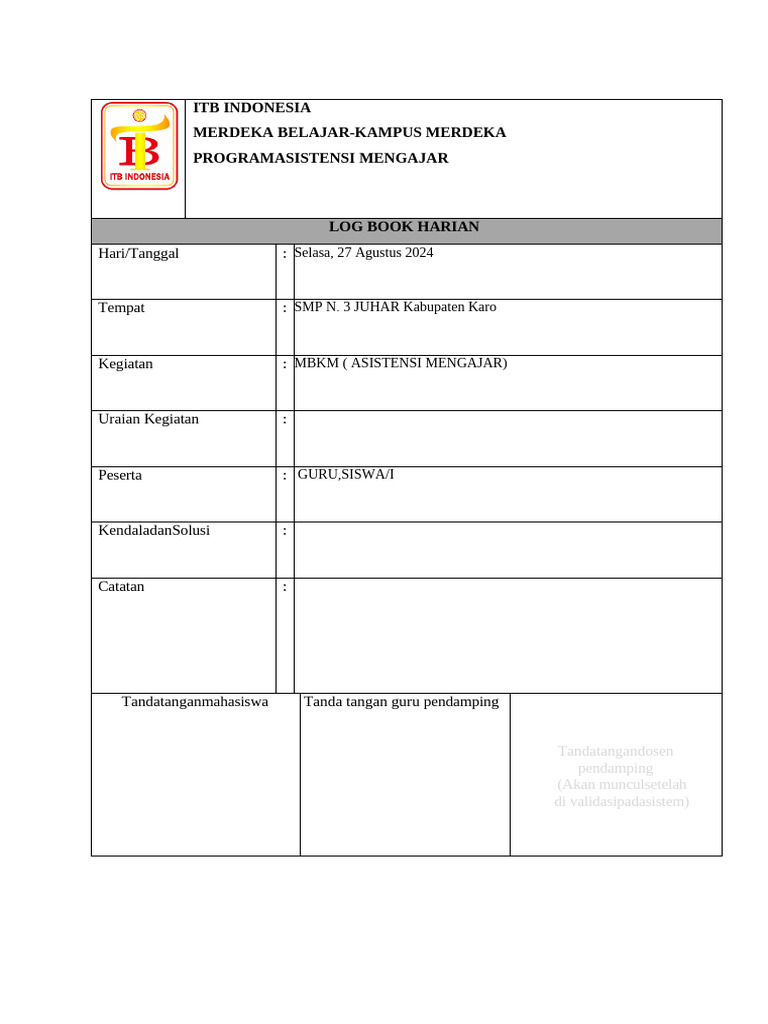 Format Logbook Harian Asistensi Mengajar | PDF