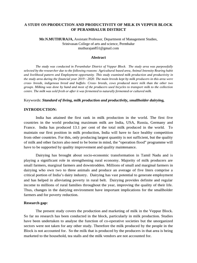 Production and Productivity of Milk in Budalur Block of Thanjavur ...