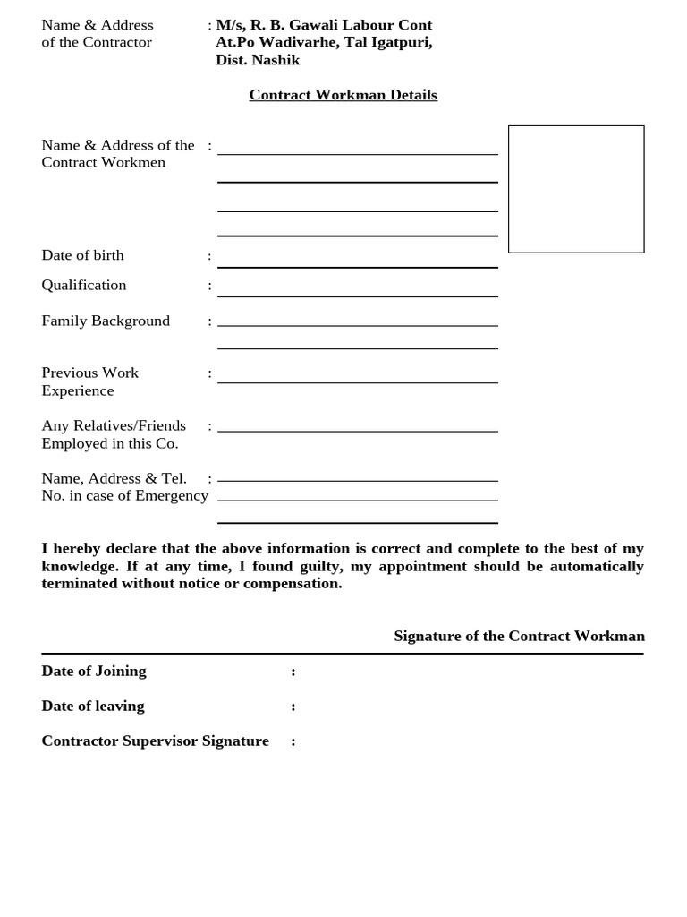 Contract Workman Form | PDF