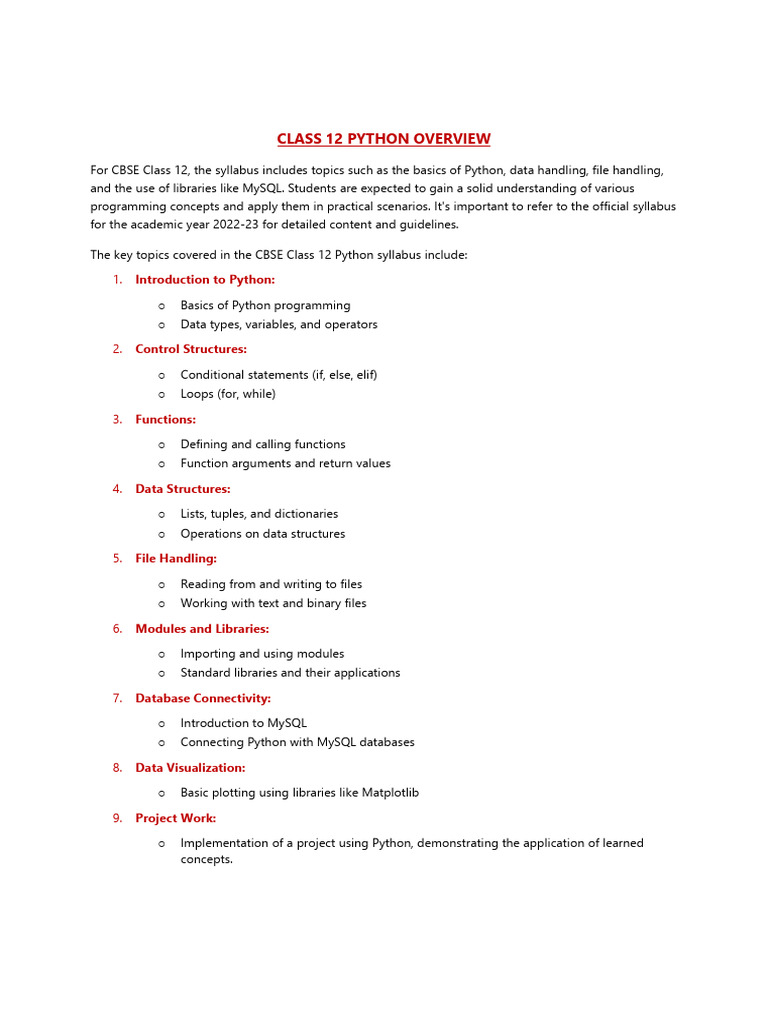 Class 12 Python Overview and Assessment | PDF | Python (Programming Language) | Control Flow