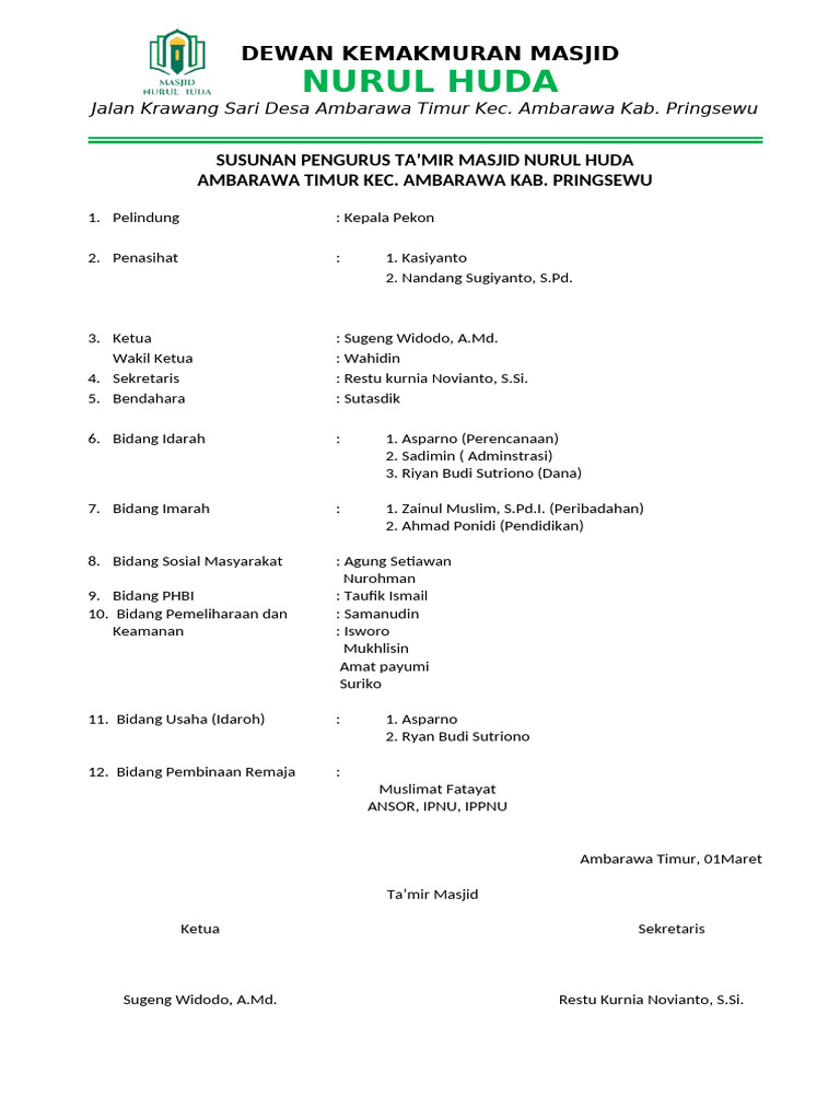 Struktur Pengurus Masjid Nurul Huda Pdf