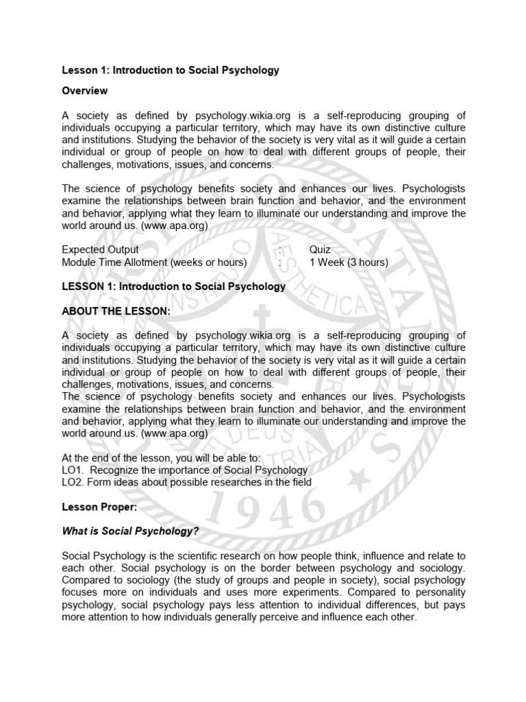 Lesson 1 Introduction To Social Psychology | PDF