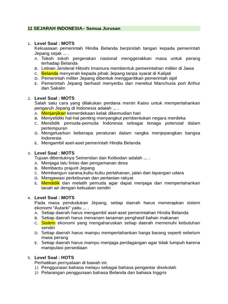 PAT 45 Soal Sejarah Ind - Kelas 11 - Genap | PDF