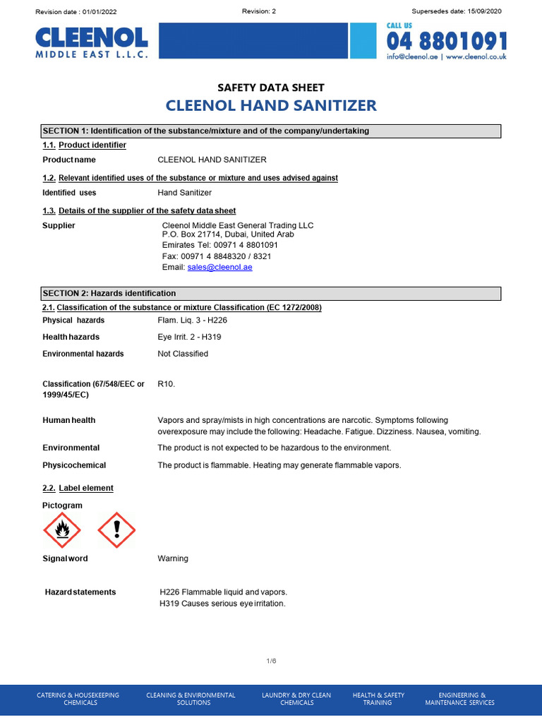 MSDS - Cleenol Hand Sanitizer | PDF