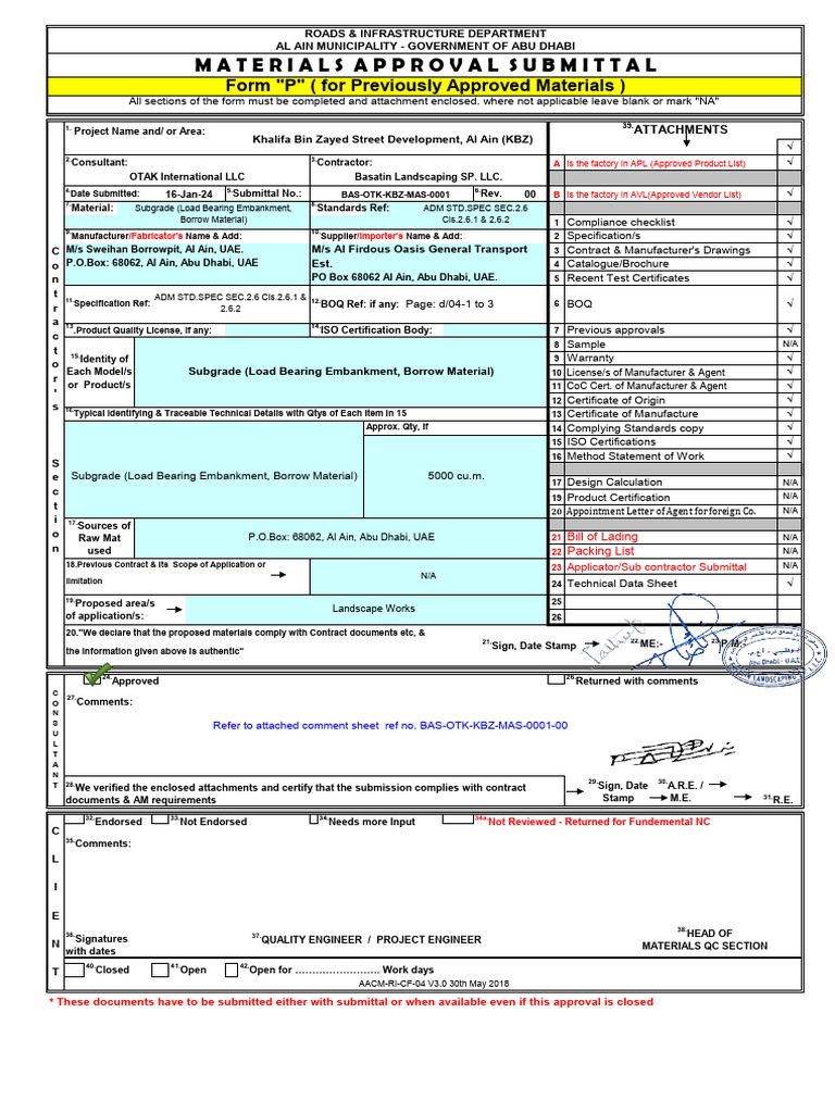 Materials Approval Submittal: Form "P" (For Previously Approved Materials) | PDF
