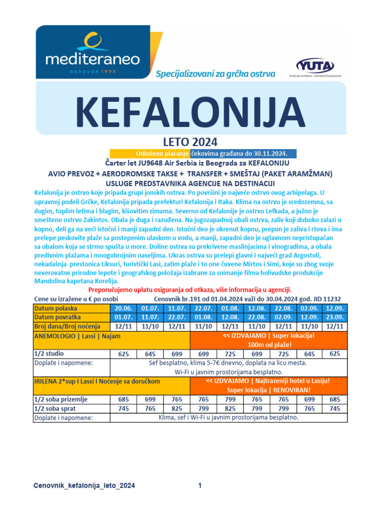 Cenovnik Kefalonija Leto 2024 | PDF