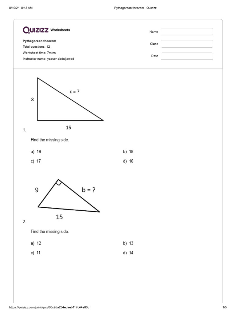 Pythagorean Theorem - Quizizz | PDF