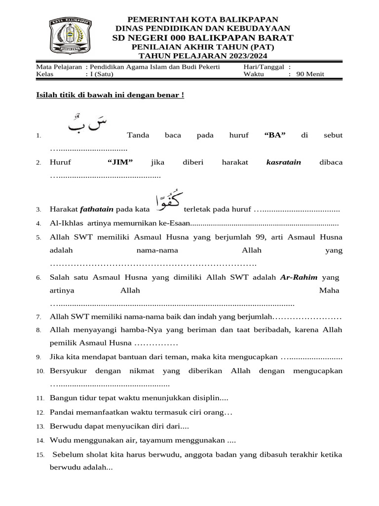 Soal SAS PAI Genap Kelas 1 2023-2024 | PDF