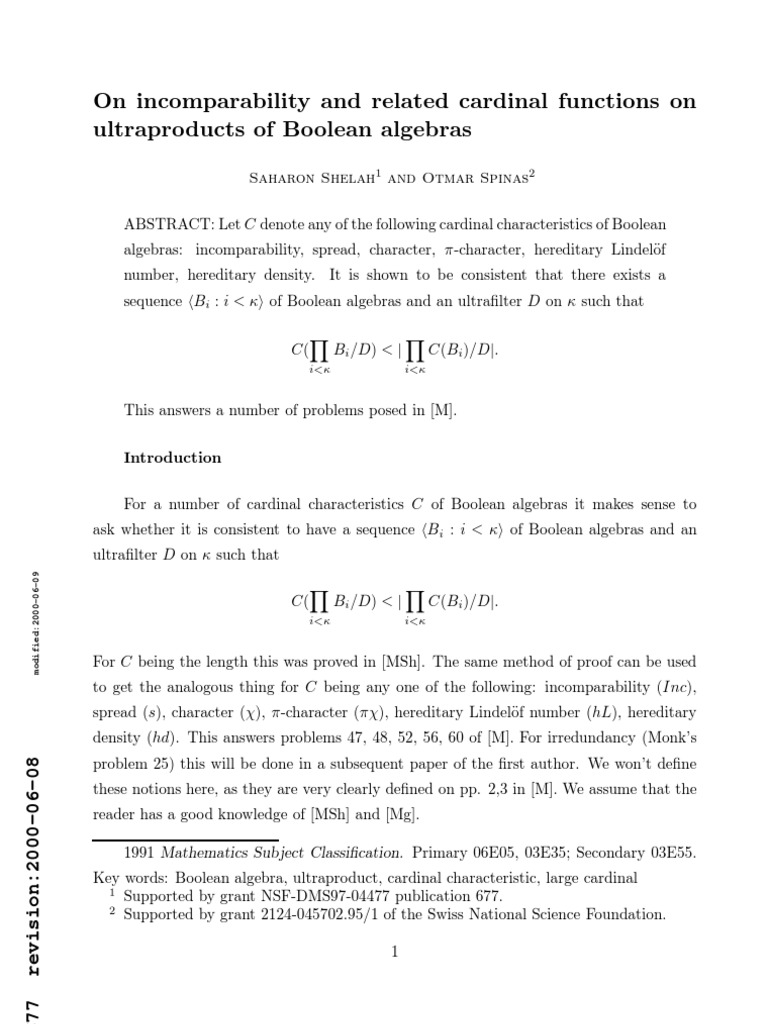 Saharon Shelah and Otmar Spinas - On Incomparability and Related Cardinal Functions On ...