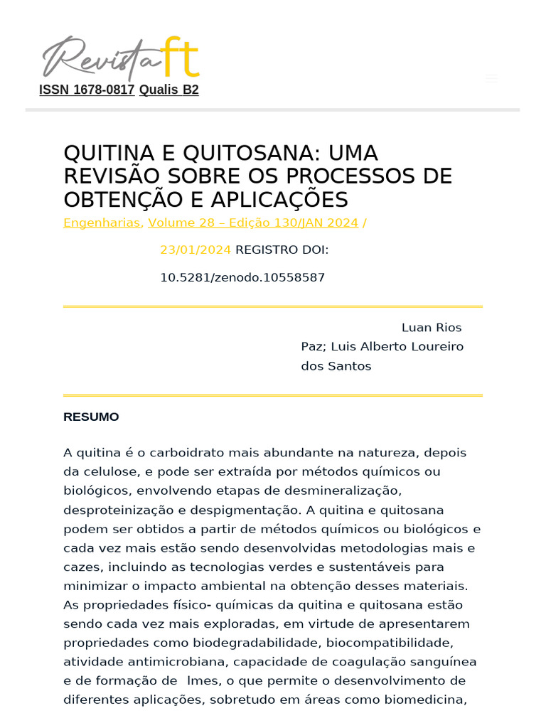 Quitina e Quitosana - Uma Revisão Sobre Os Processos de Obtenção 297 ...
