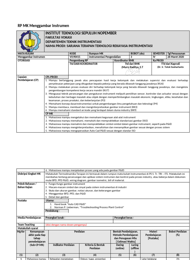 RPS Menggambar Instrumen S. Tr. TRI ITS - NEW | PDF