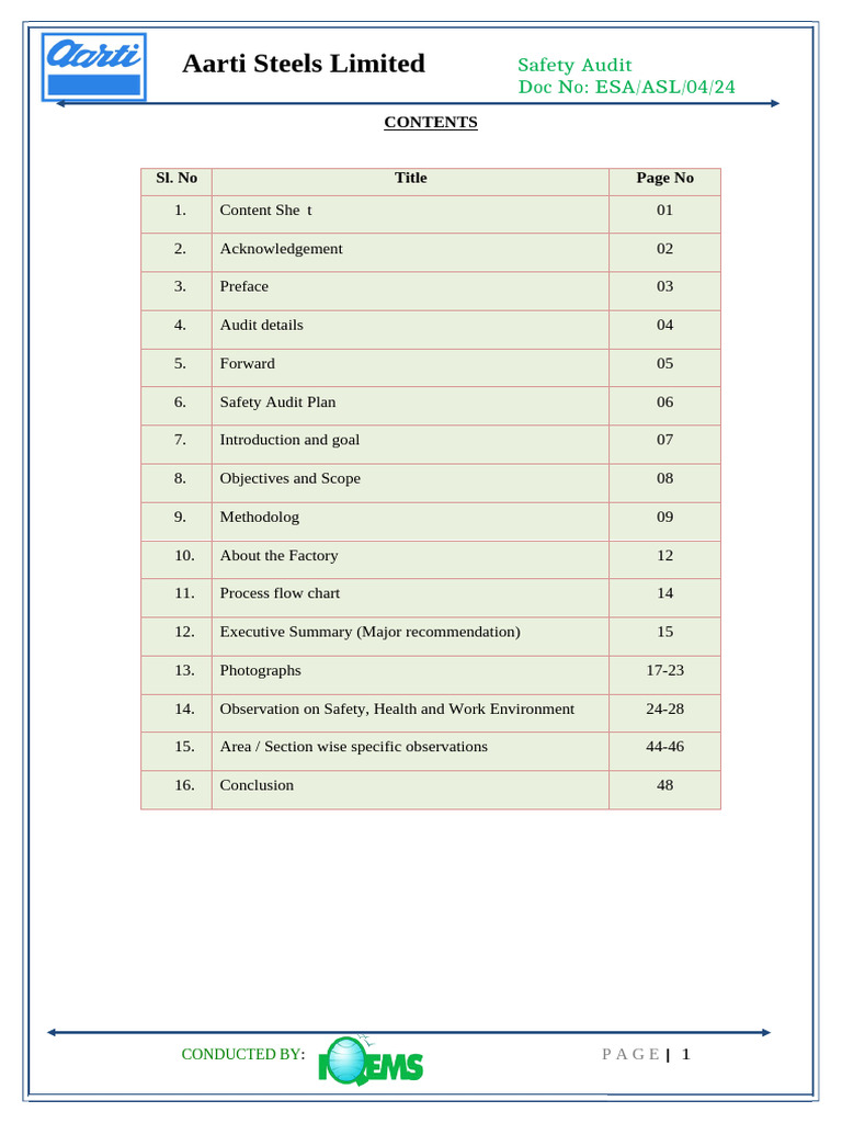 Safety Audit Report Aarati Steel Ltd | PDF