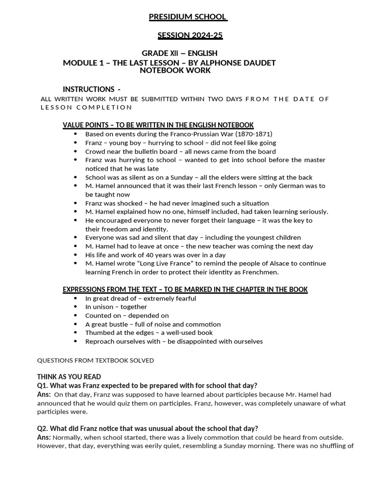 The Last Lesson - Notebook Work | PDF