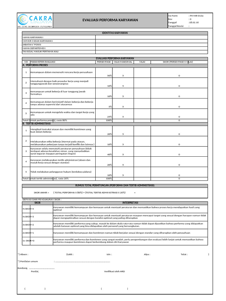 FM-HR-013a Form Evaluasi Performa Karyawan (Staff Office) | PDF