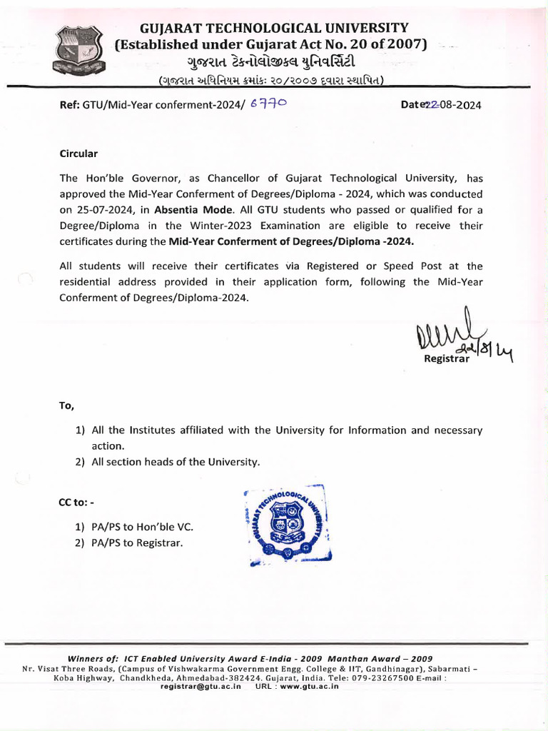 Circular For Mid-Year Conferment of Degree, Diploma-2024 (Date Announcement) - 523595 | PDF