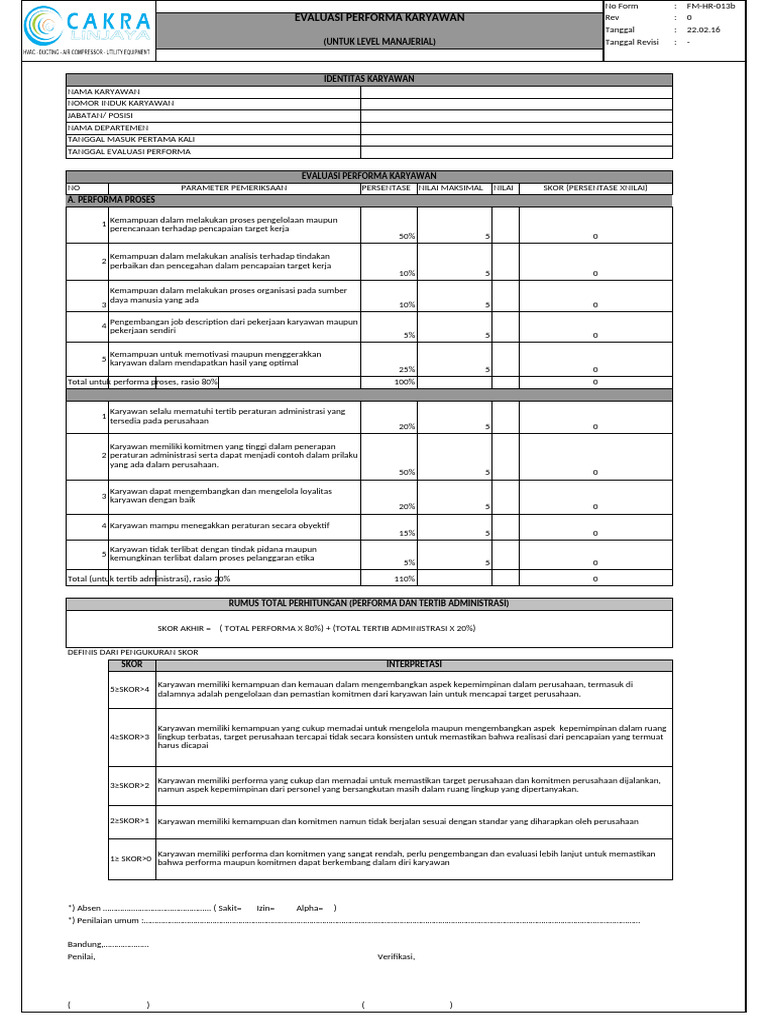 FM-HR-013b Form Evaluasi Performa Karyawan (Manajerial) | PDF